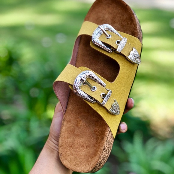 Shoes | Mustard Western Double Strap Slides Sandals | Poshmark